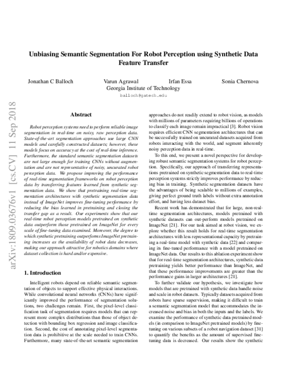 Pdf Unbiasing Semantic Segmentation For Robot Perception Using Synthetic Data Feature Transfer