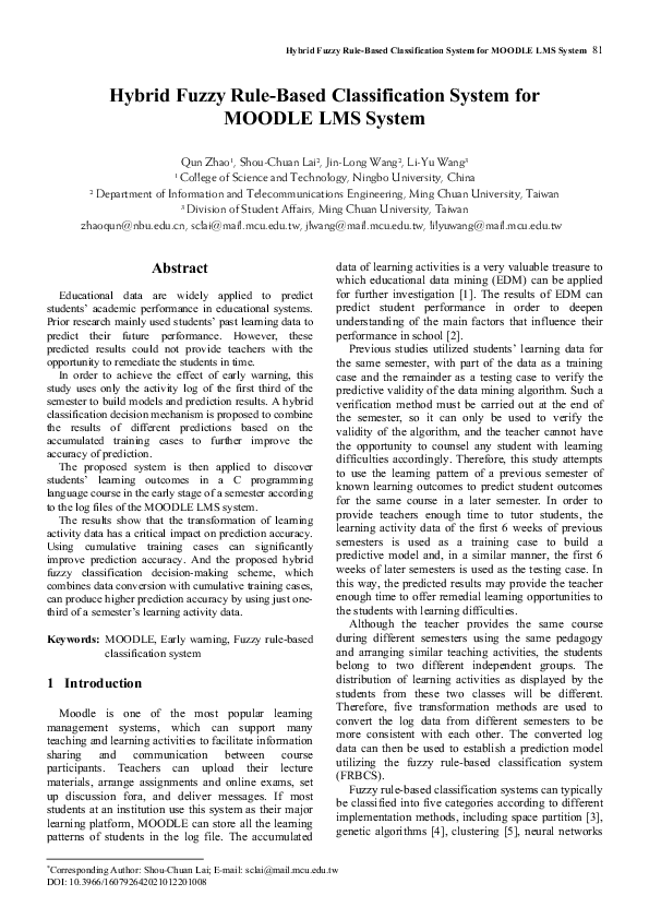 (PDF) Hybrid Fuzzy Rule-Based Classification System for MOODLE LMS System