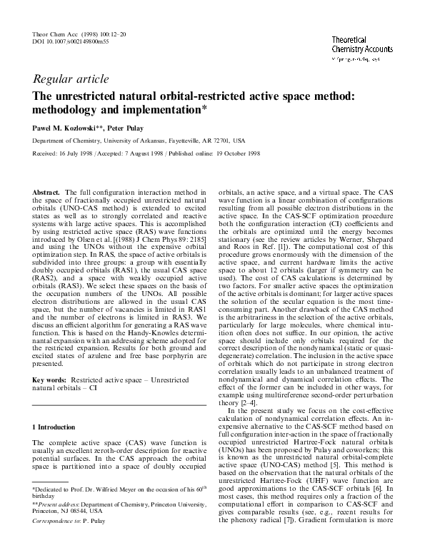 (PDF) The unrestricted natural orbital-restricted active space method: methodology and ...