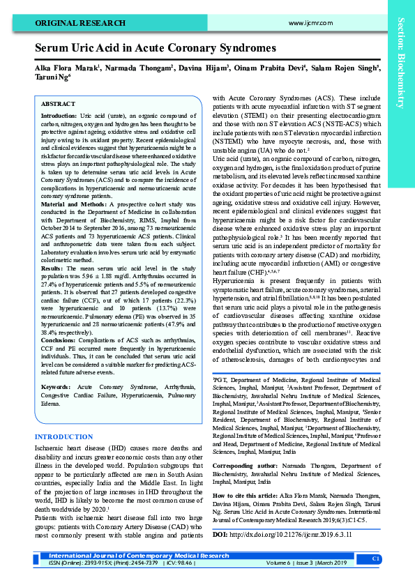 (PDF) Serum Uric Acid in Acute Coronary Syndromes