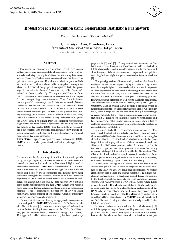 (PDF) Robust Speech Recognition Using Generalized Distillation Framework (PDF) Robust Speech Recognition Using Generalized Distillation Framework