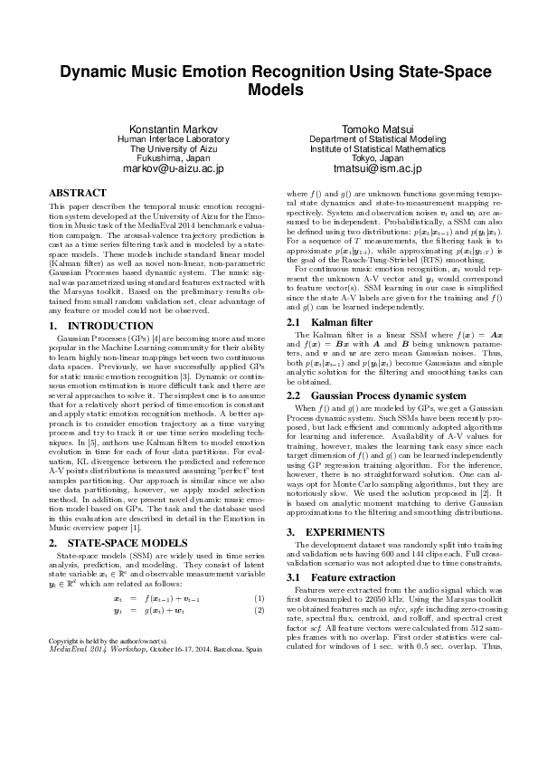 (PDF) Dynamic Music Emotion Recognition Using State-Space Models