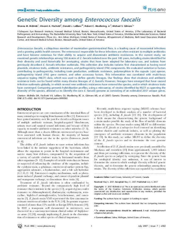 Pdf Genetic Diversity Among Enterococcus Faecalis