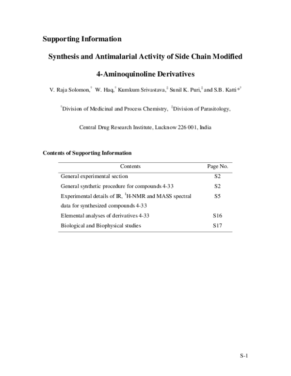 (PDF) Synthesis and antimalarial activity of side chain modified 4-aminoquinoline derivatives