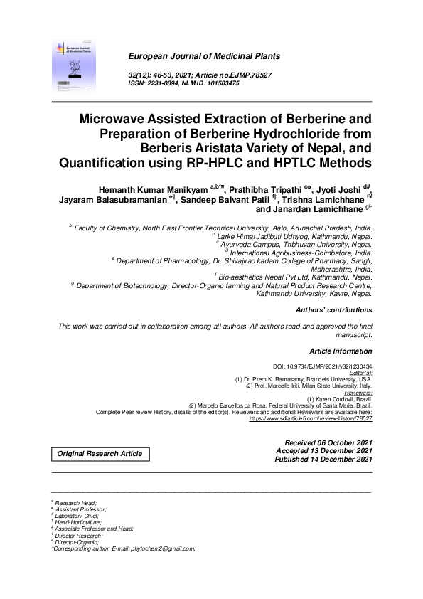 (PDF) Microwave Assisted Extraction of Berberine and Preparation of Berberine Hydrochloride from ...