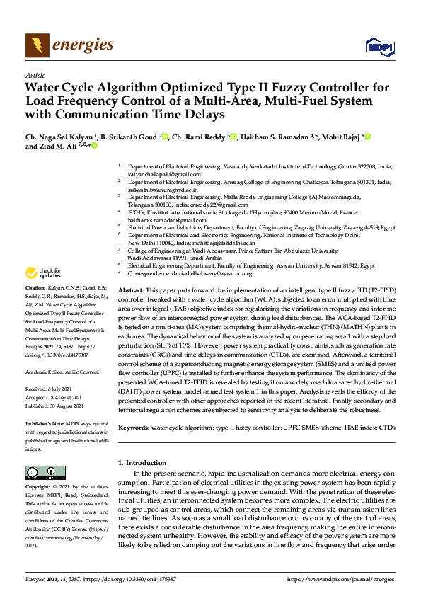 Pdf Water Cycle Algorithm Optimized Type Ii Fuzzy Controller For Load Frequency Control Of A