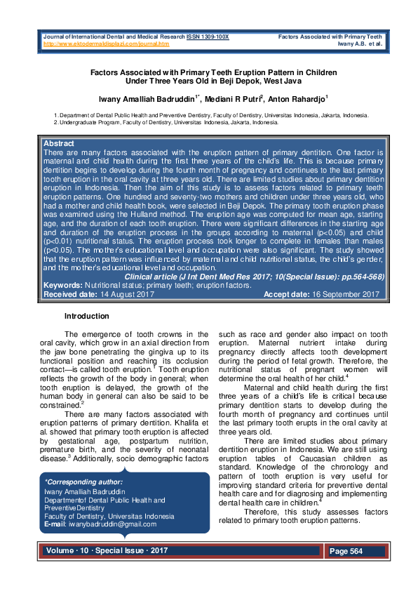 (PDF) Factors associated with primary teeth eruption pattern in ...