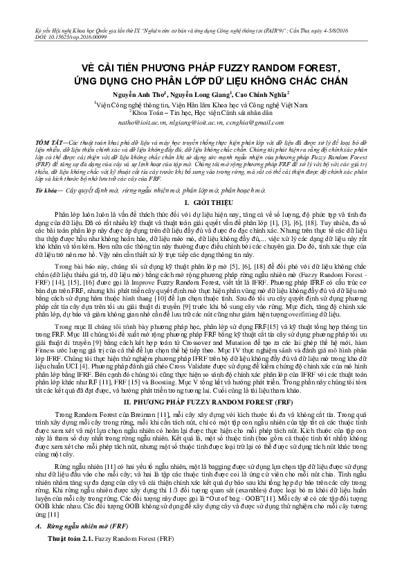 (PDF) Về Cải Tiến Phương Pháp Fuzzy Random Forest, Ứng Dụng Cho Phân Lớp Dữ Liệu Không Chắc Chắn