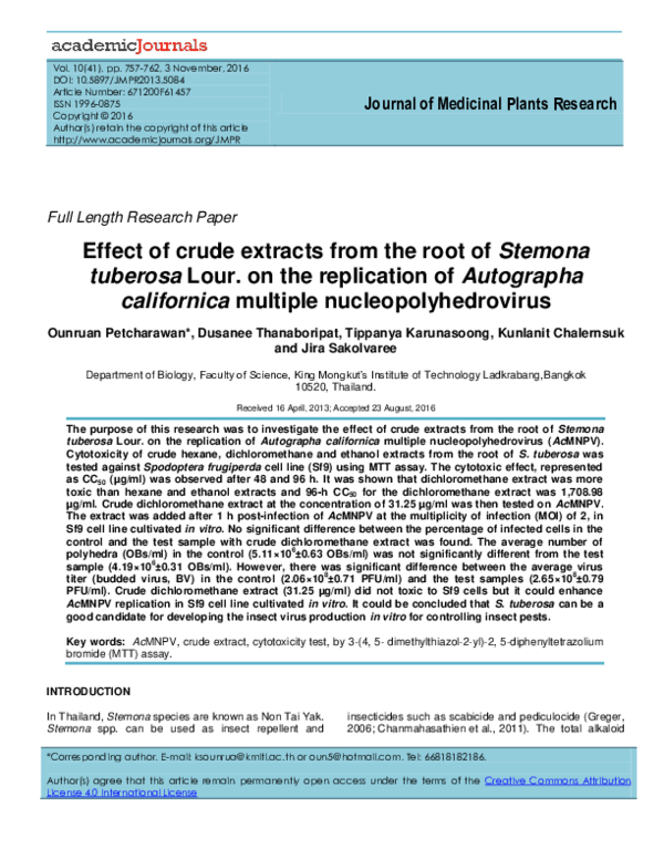 (PDF) Effect of crude extracts from the root of Stemona tuberosa Lour ...