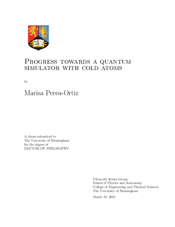 (PDF) Progress towards a quantum simulator with cold atoms