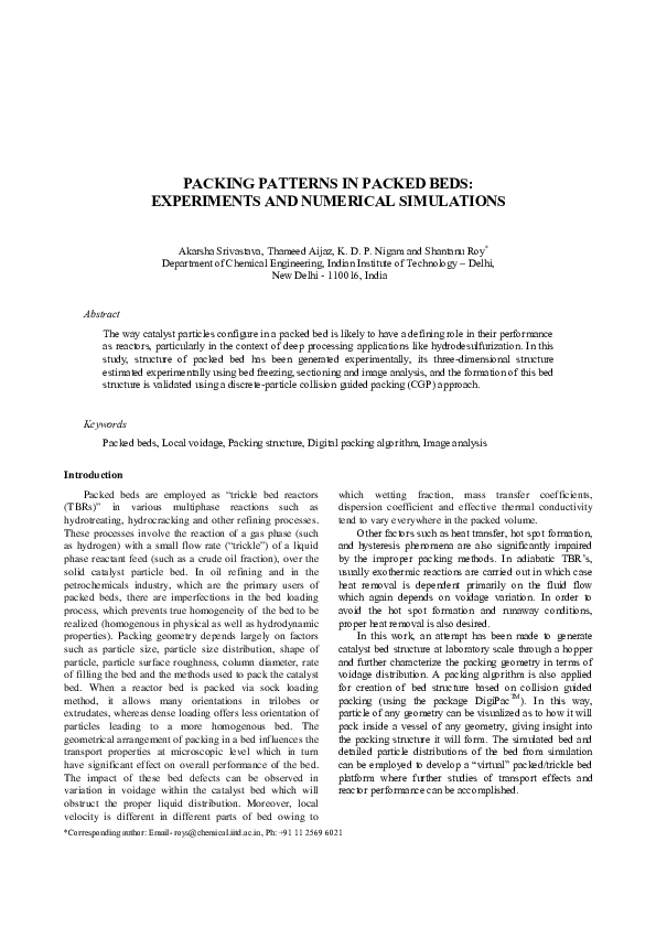 (PDF) Packing Patterns in Packed Beds: Experiments and Numerical ...