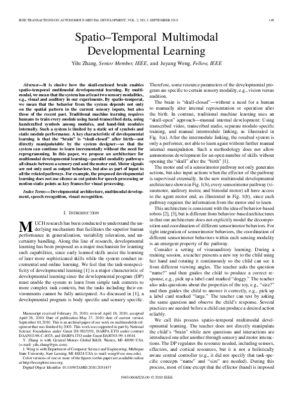 (PDF) Spatio–Temporal Multimodal Developmental Learning