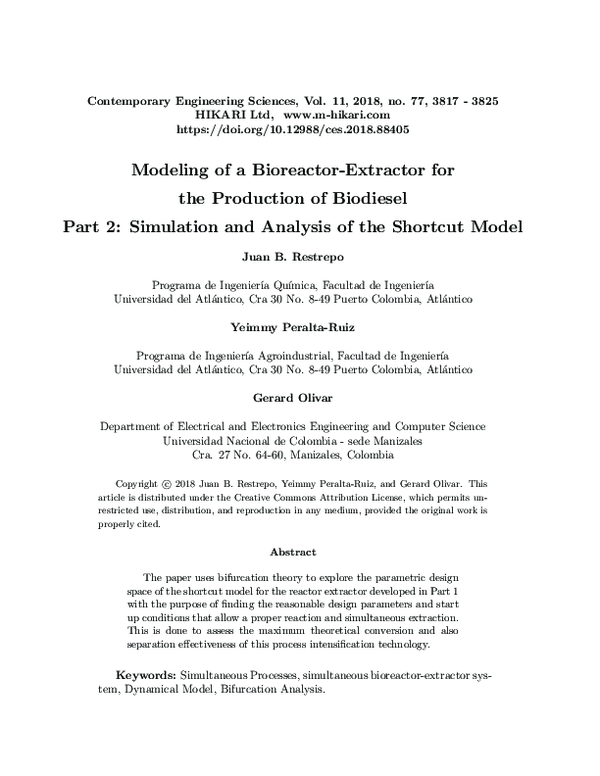 Pdf Modeling Of A Bioreactor Extractor For The Production Of Biodiesel Part 2 Simulation And