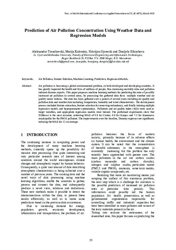 (PDF) Prediction of Air Pollution Concentration Using Weather Data and Regression Models