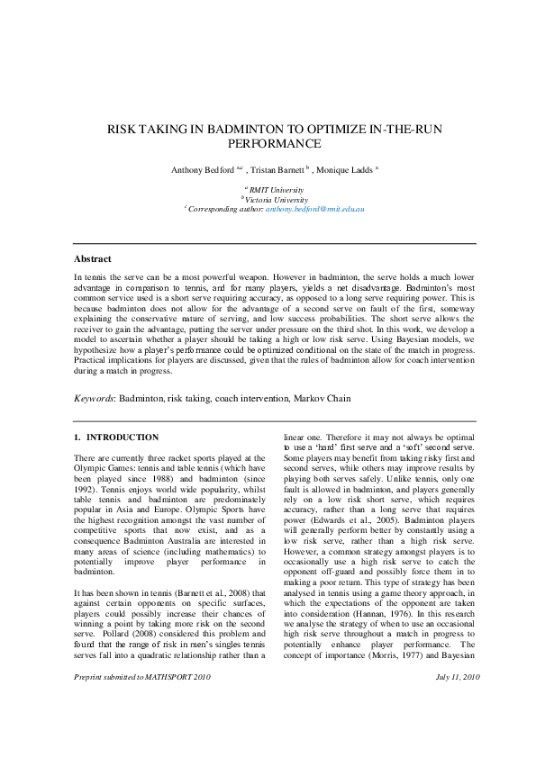 (PDF) Risk taking in badminton to optimize in-the-run performance