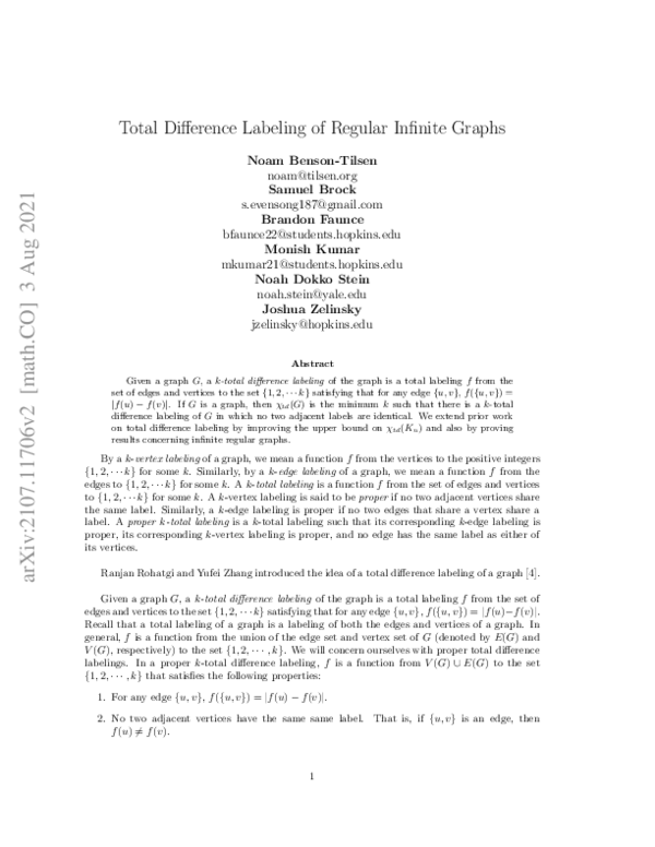 (PDF) Total Difference Labeling of Regular Infinite Graphs | Joshua Zelinsky - Academia.edu