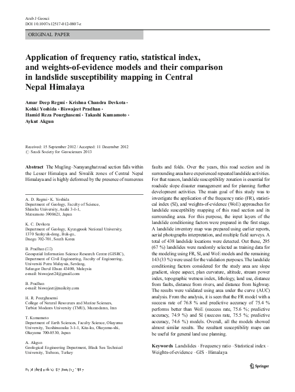 (PDF) Application of frequency ratio, statistical index, and weights-of-evidence models and ...