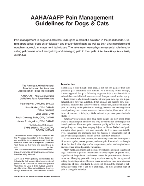 (PDF) AAHA/AAFP pain management guidelines for dogs & cats (PDF) AAHA/AAFP pain management guidelines for dogs & cats