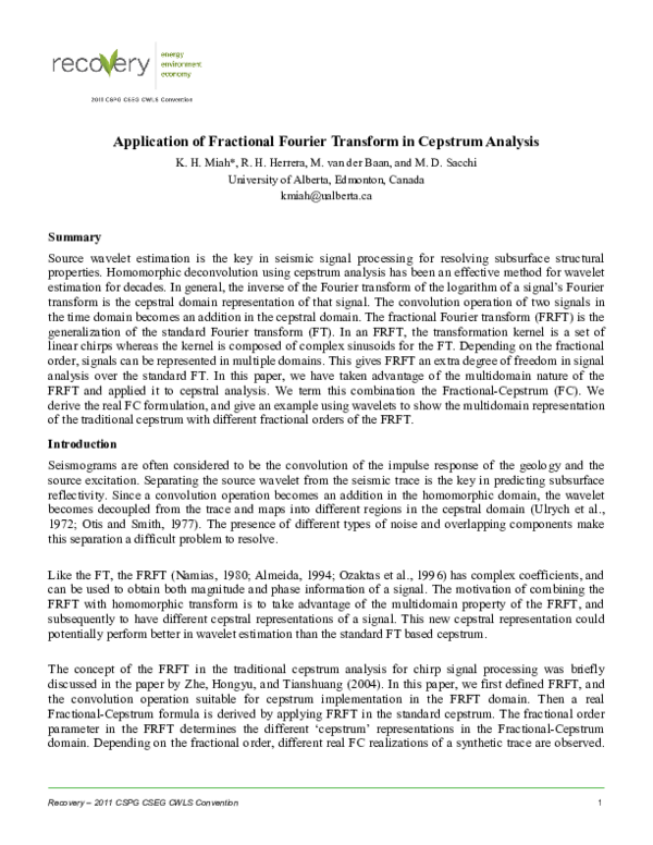 (PDF) Application of Fractional Fourier Transform in Cepstrum Analysis