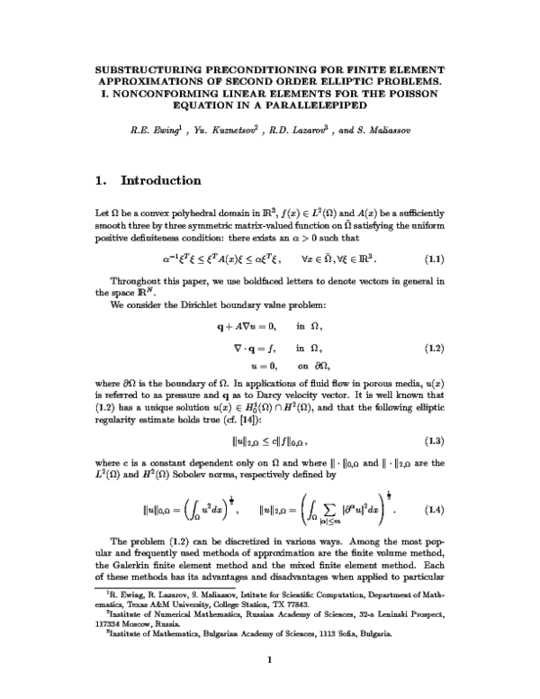 (PDF) Substructuring preconditioning for finite element approximations of second order elliptic ...