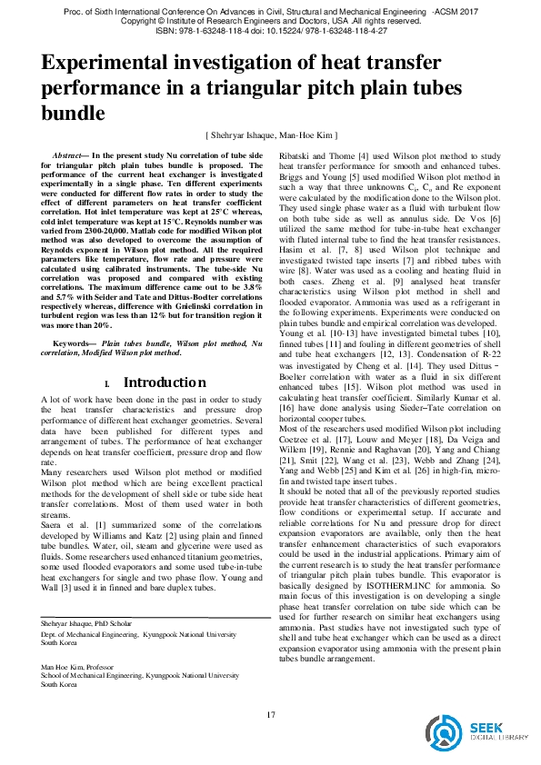 (PDF) Experimental investigation of heat transfer performance in a triangular pitch plain tubes ...