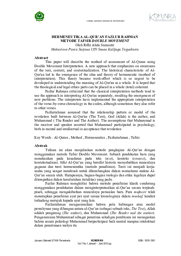 (PDF) Hermeneutika Al-qur'an Fazlur Rahman Metode Tafsir Double Movement