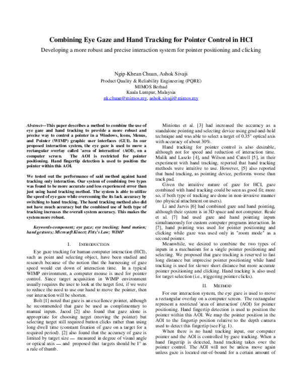 (PDF) Combining Eye Gaze and Hand Tracking for Pointer Control in HCI