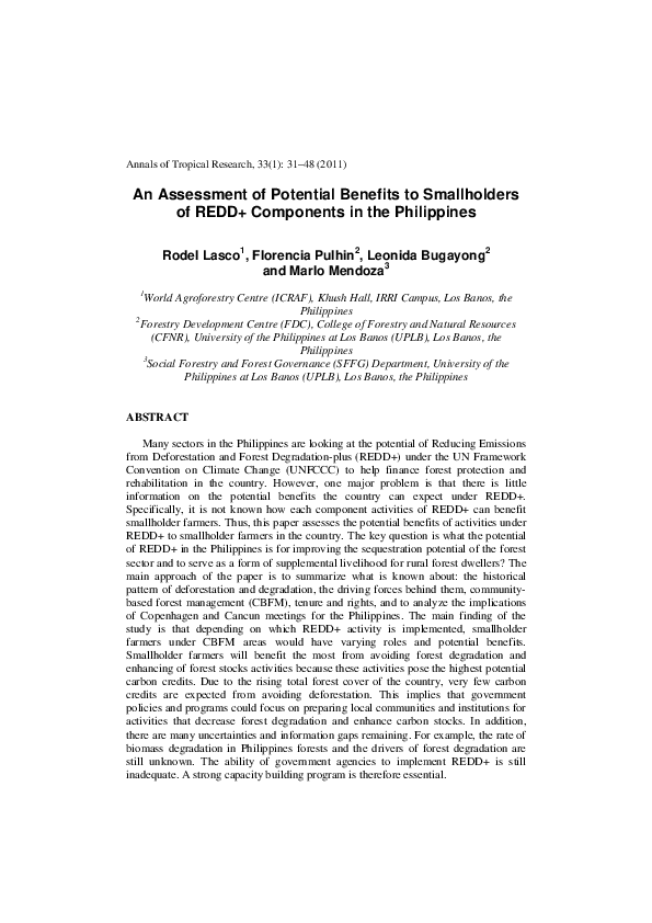 (PDF) An Assessment of Potential Benefits to Smallholders of REDD+ ...