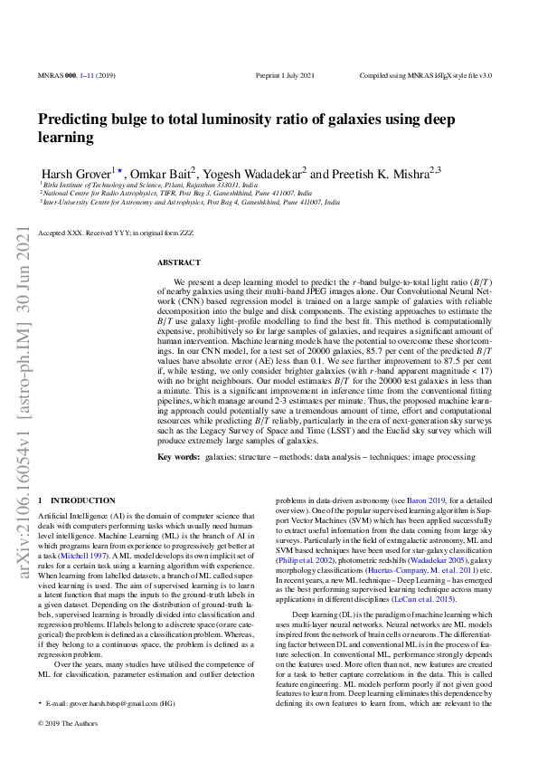 (PDF) Predicting bulge to total luminosity ratio of galaxies using deep learning
