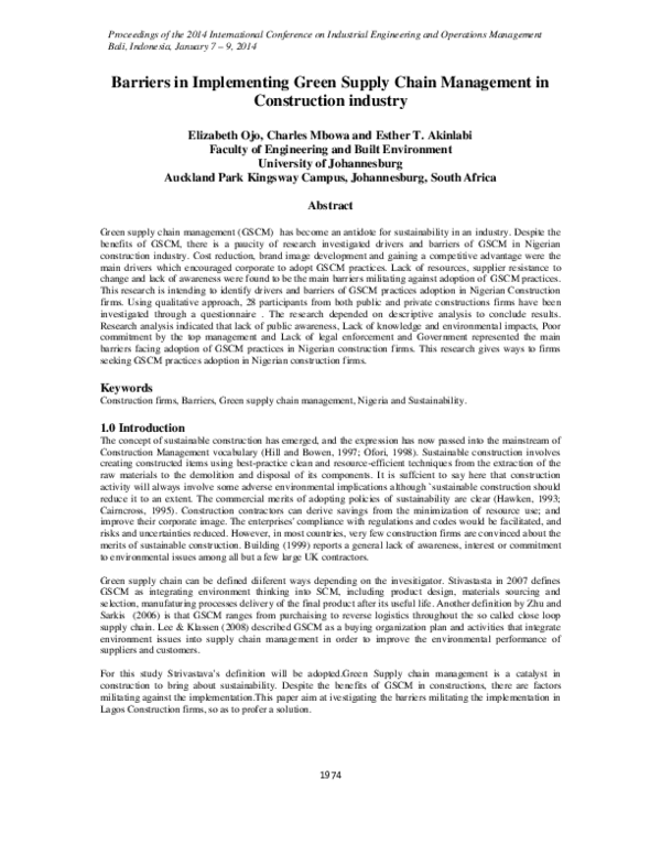 (PDF) Barriers in implementing green supply chain management in construction industry