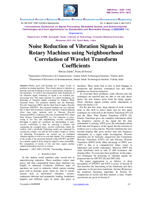(PDF) Noise Reduction of Vibration Signals inRotary Machines using Neighbourhood Correlation of ...