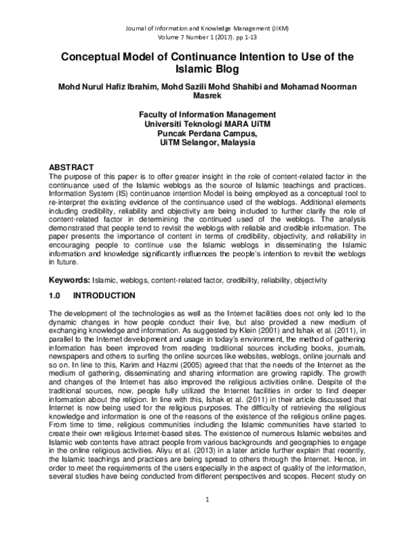 (PDF) Conceptual Model of Continuance Intention to Use of the Islamic Blog