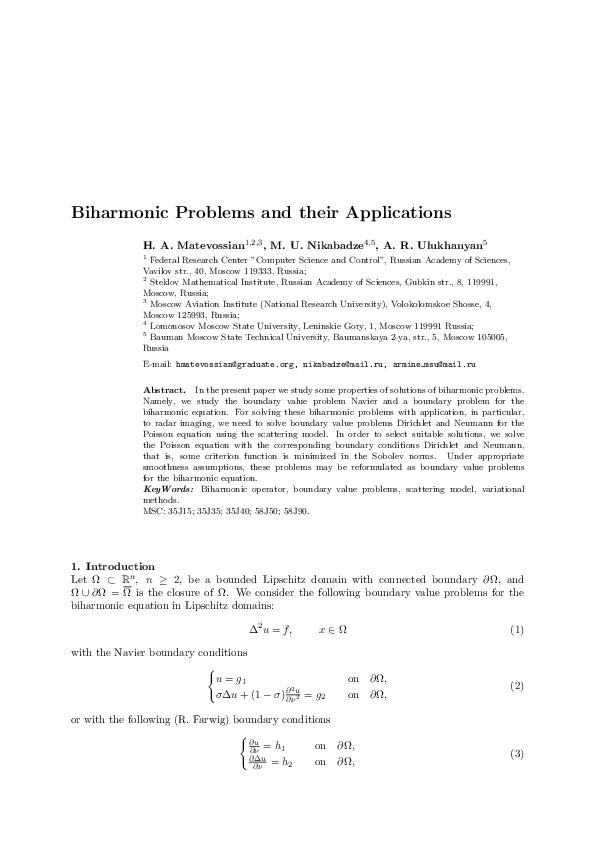 (PDF) Biharmonic Problems and Their Applications