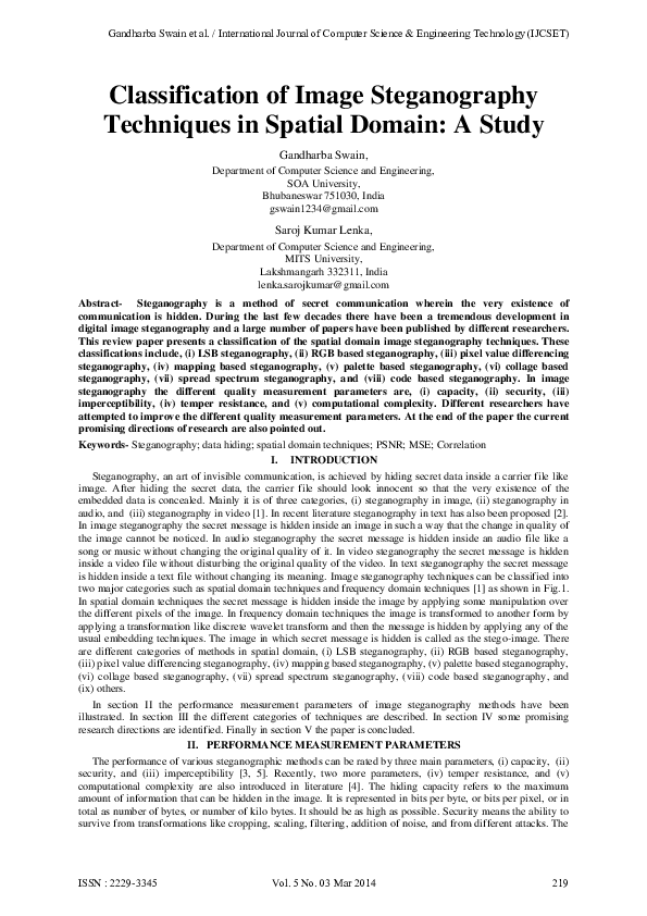 (PDF) Classification of Image Steganography Techniques in Spatial Domain : A Study