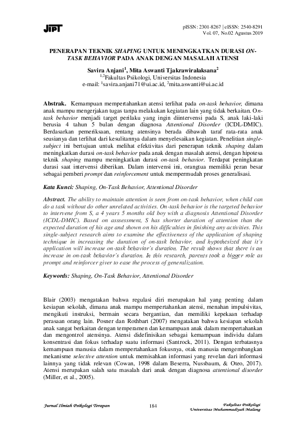 (PDF) Penerapan Teknik Shaping untuk meningkatkan durasi on-task behavior pada anak dengan ...