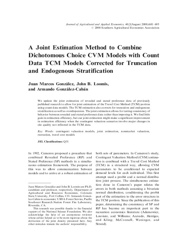 (PDF) A Joint Estimation Method to Combine Dichotomous Choice CVM Models with Count Data TCM ...