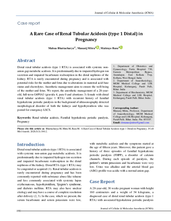 (PDF) A Rare Case of Renal Tubular Acidosis (type 1 Distal) in Pregnancy