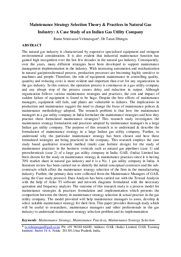 (PDF) Maintenance Strategy Selection Theory & Practices in Natural Gas Industry: A Case Study of ...
