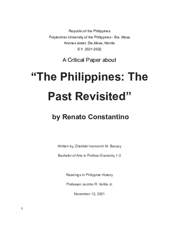 (PDF) A Critical Paper about “The Philippines The Past Revisited” by Renato Constantino