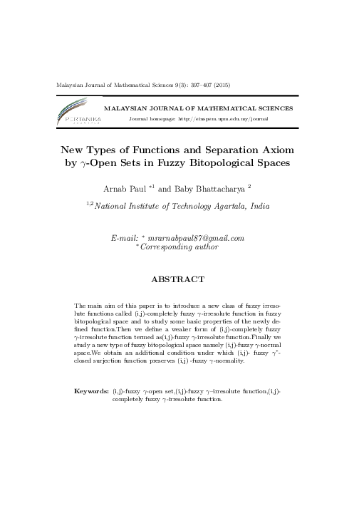 (PDF) New Types of Functions and Separation Axiom by -Open Sets in Fuzzy Bitopological Spaces
