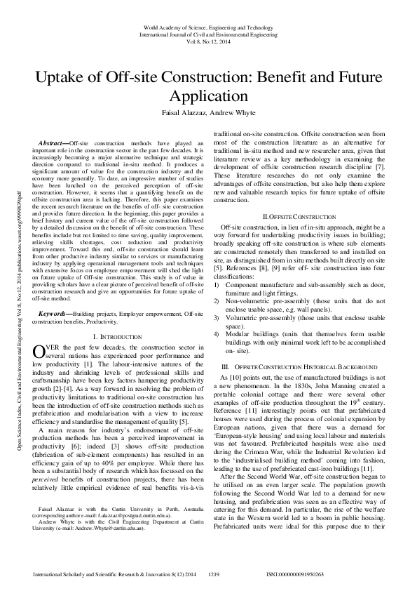 (PDF) Uptake of Off-site Construction: Benefit and Future Application