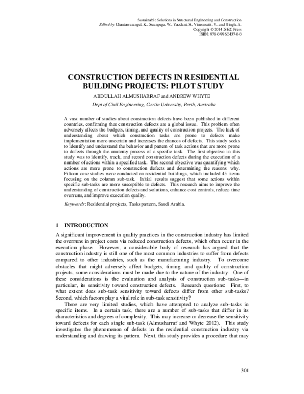 (PDF) Construction Defects in Residential Building Projects: Pilot Study