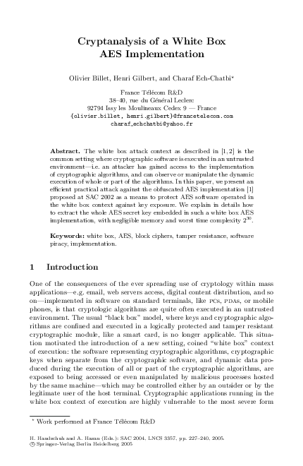 (PDF) Cryptanalysis of a White Box AES Implementation