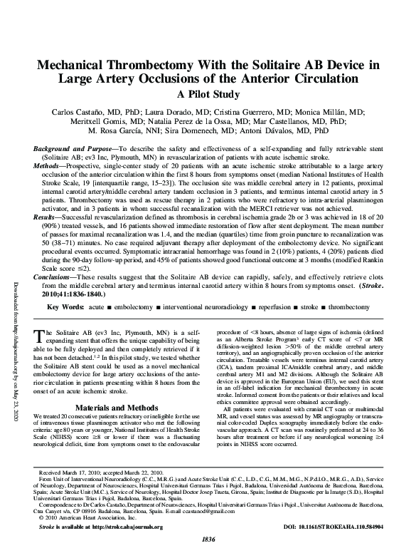(PDF) Mechanical Thrombectomy With the Solitaire AB Device in Large ...