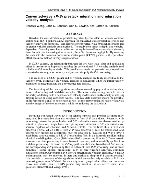 Pdf Converted Wave P Sv Prestack Migration And Migration Velocity