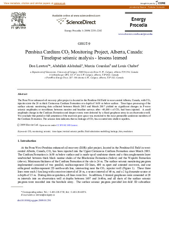 (PDF) Pembina Cardium CO 2 Monitoring Project, Alberta, Canada ...