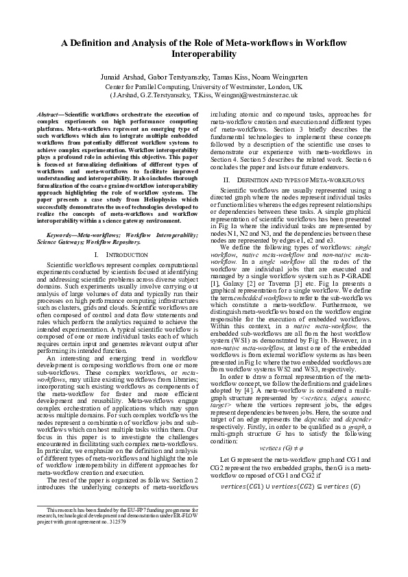 Pdf A Definition And Analysis Of The Role Of Meta Workflows In Workflow Interoperability