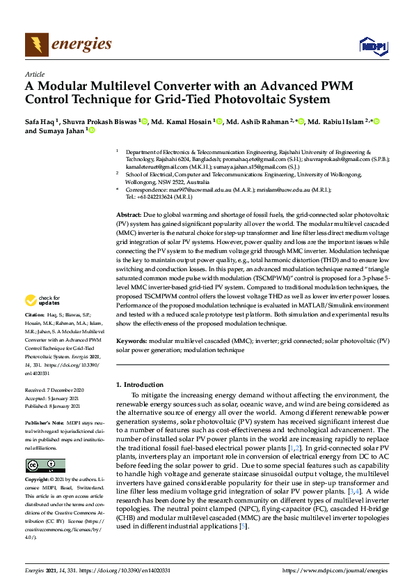 Pdf A Modular Multilevel Converter With An Advanced Pwm Control Technique For Grid Tied