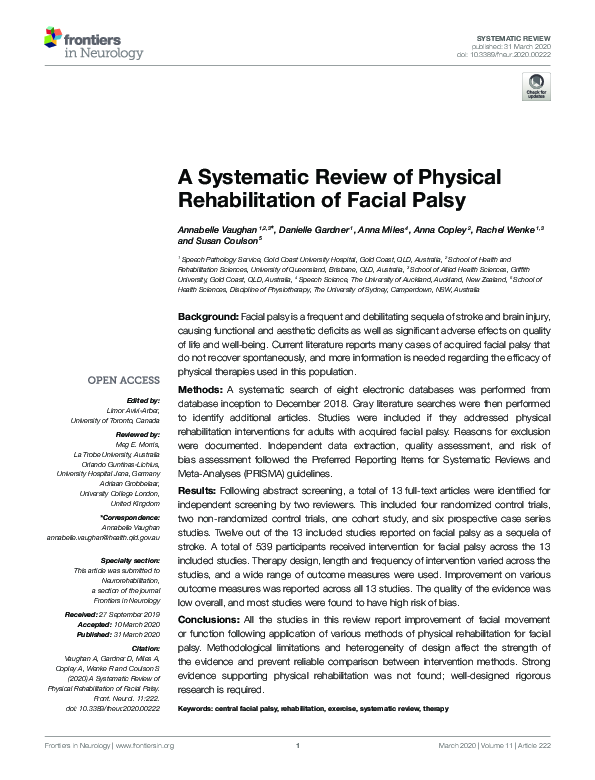 Pdf A Systematic Review Of Physical Rehabilitation Of Facial Palsy