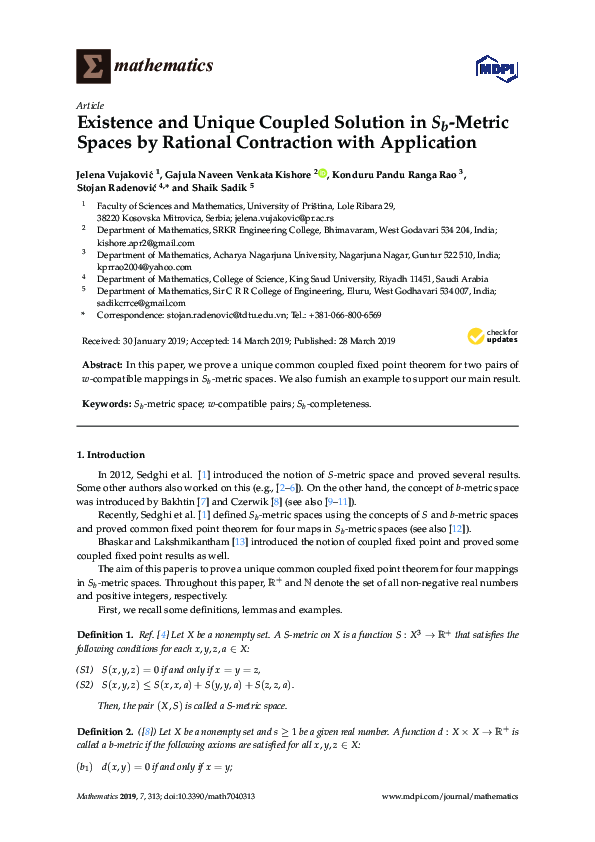 Pdf Existence And Unique Coupled Solution In Sb Metric Spaces By Rational Contraction With